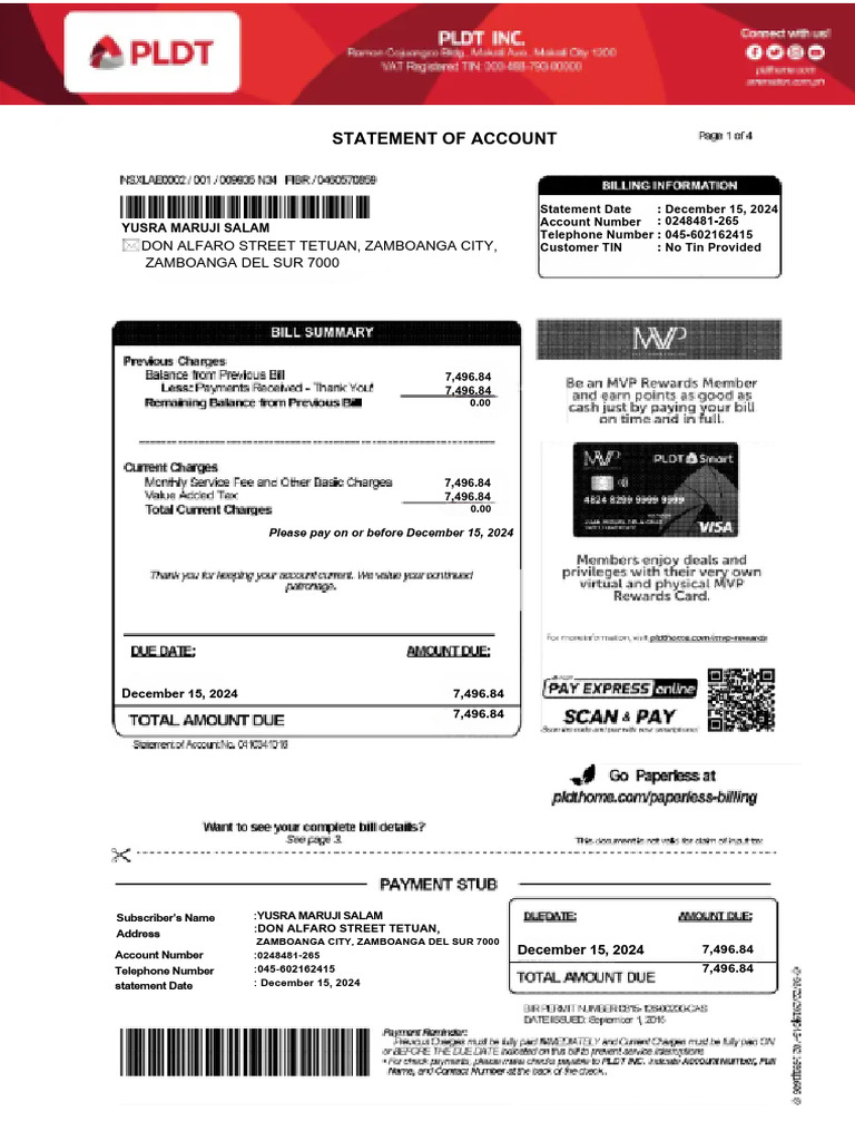 PLDT Statement of Account Sample 2024 | PDF