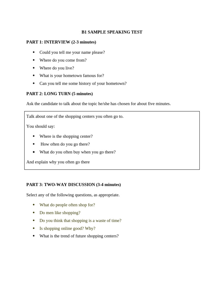 B1 Sample Speaking Test | PDF