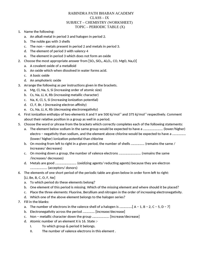Grade 9 Periodic Table Worksheet | PDF | Periodic Table | Chlorine