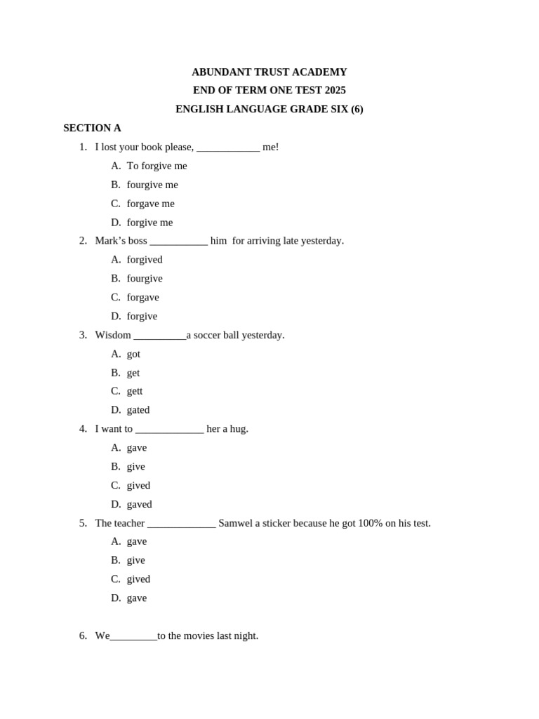 English G6 End of 1 Test 2025 | PDF | Vegetables
