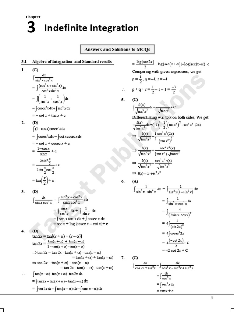 MHT-CET PSP - Maths - Solutions To The Relevant Questions of The Chapter Indefinite Integration ...