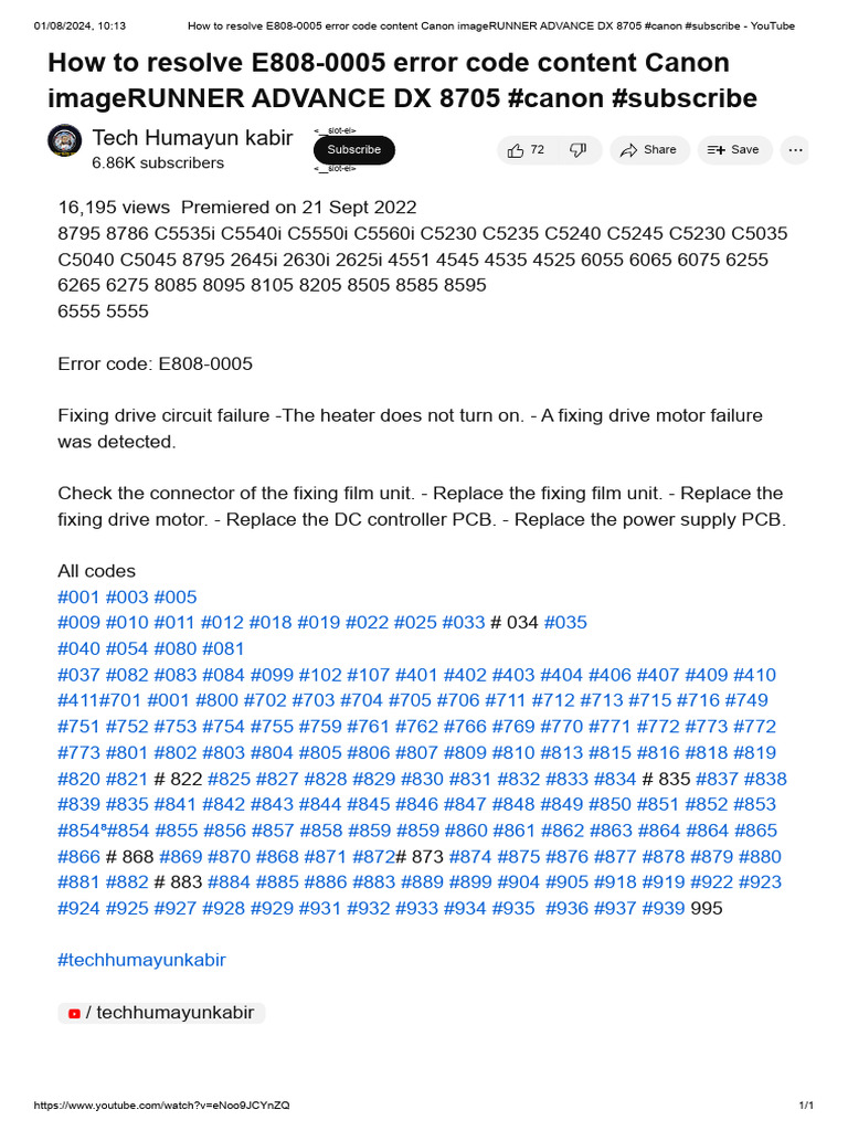 How To Resolve E808-0005 Error Code Content Canon imageRUNNER ADVANCE DX 8705 #Canon #Subscribe ...