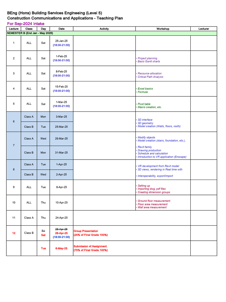 CCA Teaching Plan 202425 v1 | PDF | Autodesk Revit | Microsoft Excel