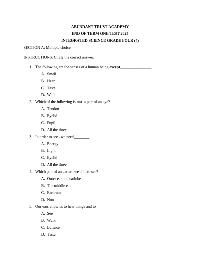 End of Term 1 Integ Science G4 | PDF | Ear