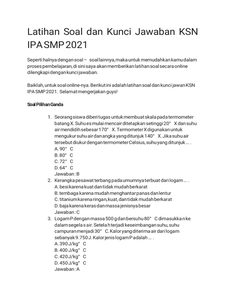 Latihan Soal dan Kunci Jawaban KSN IPA SMP 2021 | PDF