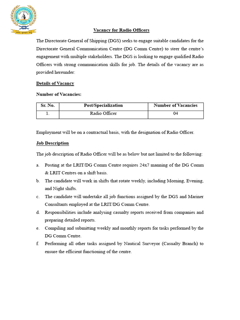 Radio Officer Vacancies at DGS | PDF