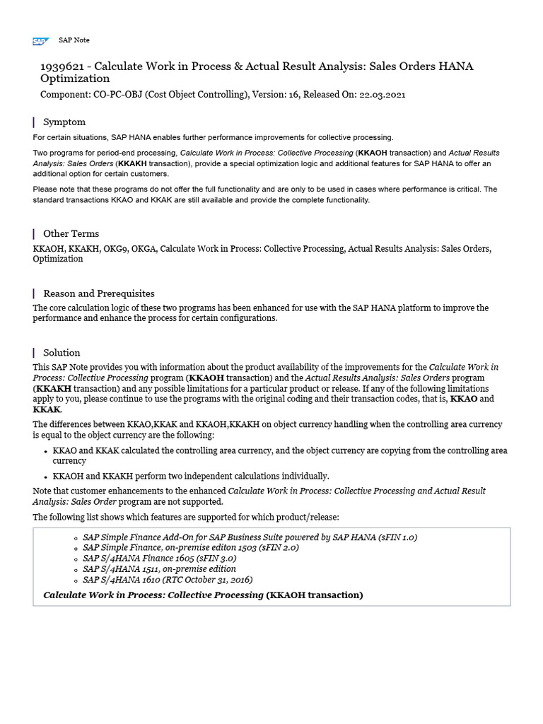 Calculate Work in Process & Actual Result Analysis - Sales Orders HANA ...