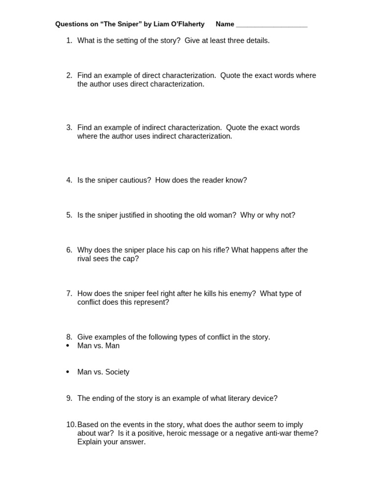 Comprehension Questions for "The Sniper" | PDF
