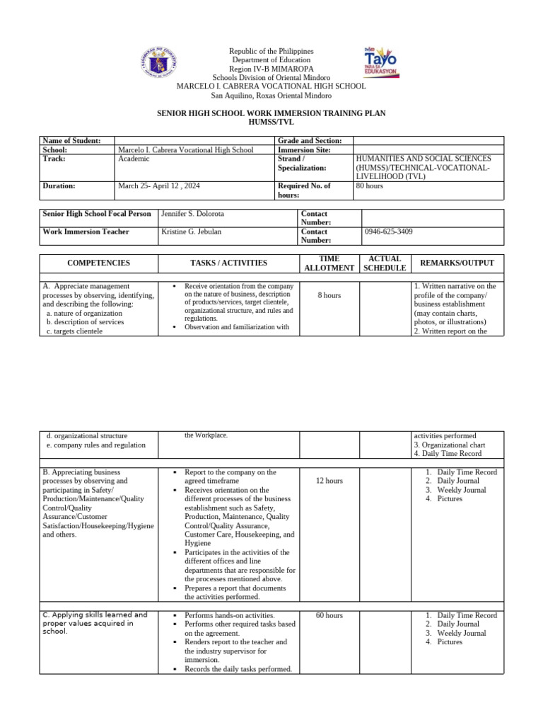 Training Plan Work Immersion | PDF | Business