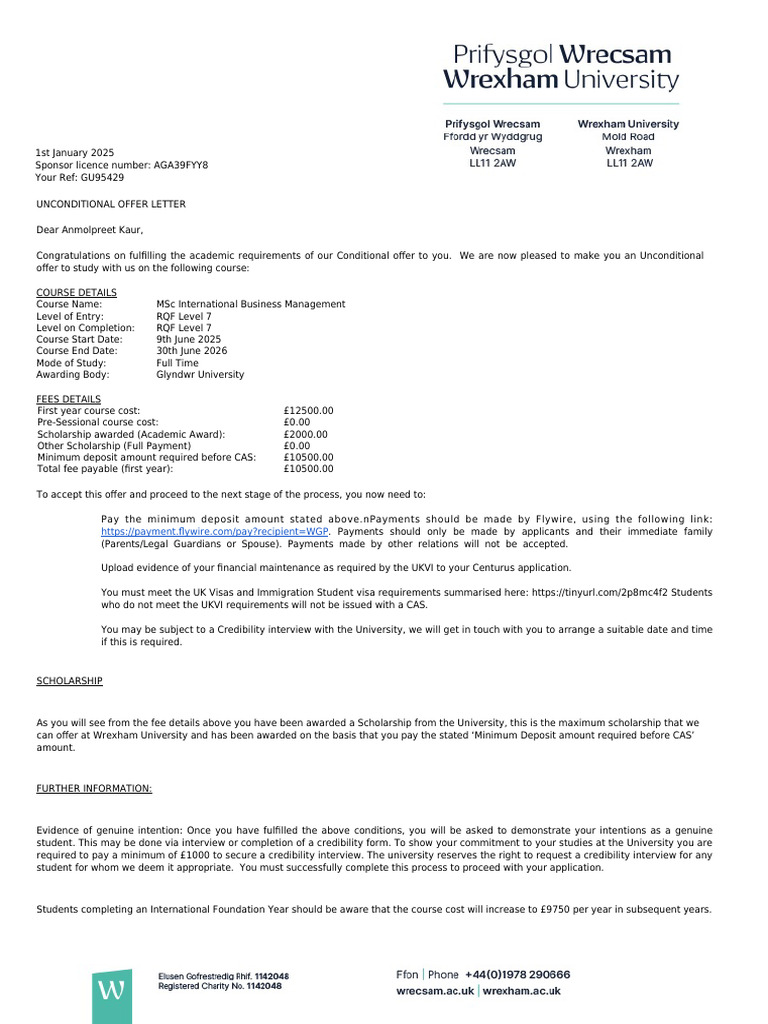 Unconditional Offer Letter | PDF | Travel Visa