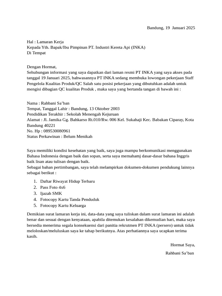 Surat Lamaran Pt. Inka | PDF