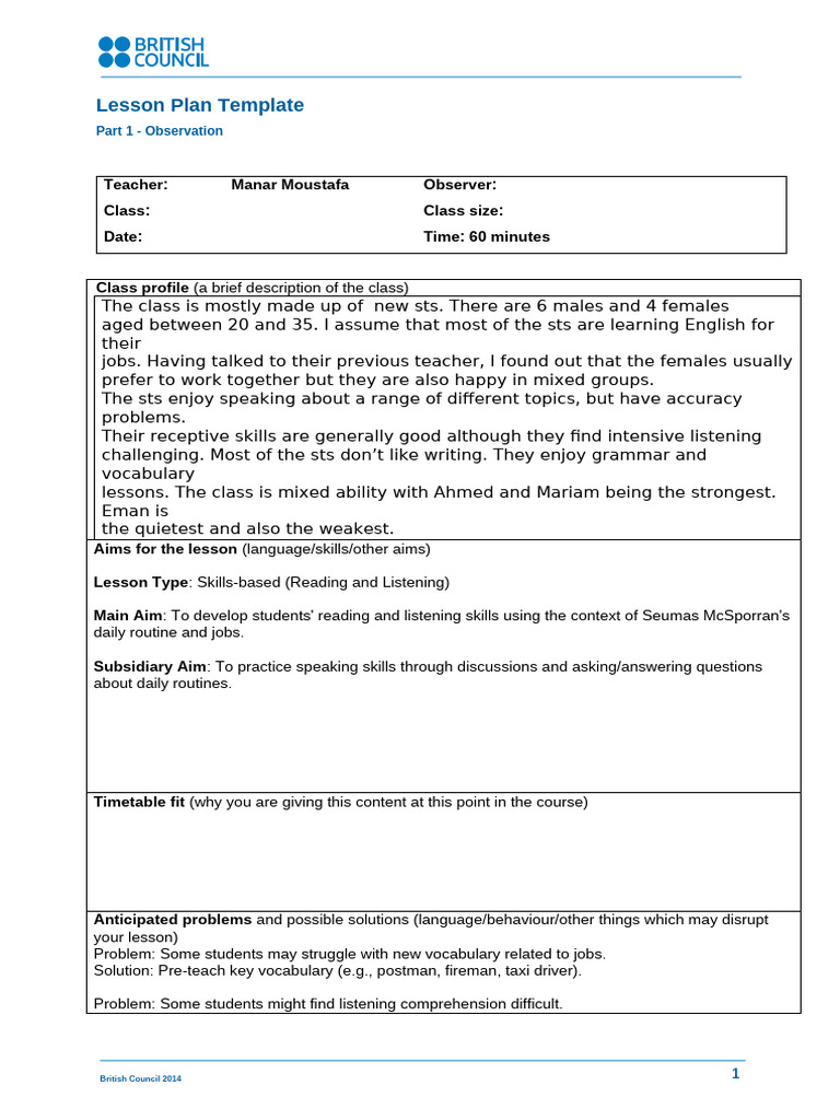 English Lesson Plan: Jobs and Routines | PDF | Reading Comprehension ...