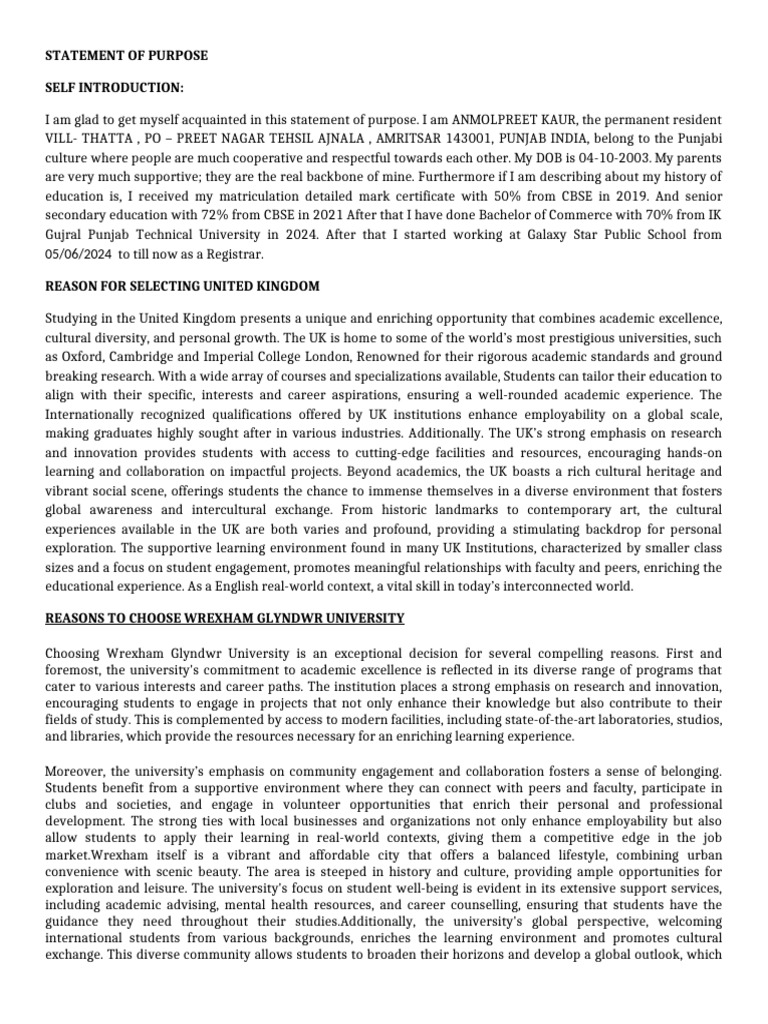 Statement of Purpose for MSc in UK | PDF | Learning | Strategic Management