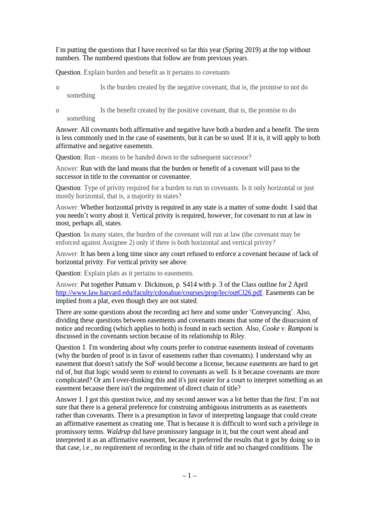 Questions11 4 Servitudes | PDF | Covenant (Law) | Easement