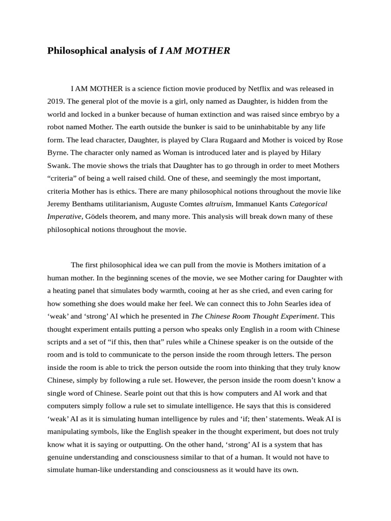 Philosophical Analysis of I AM MOTHER | PDF | Utilitarianism ...