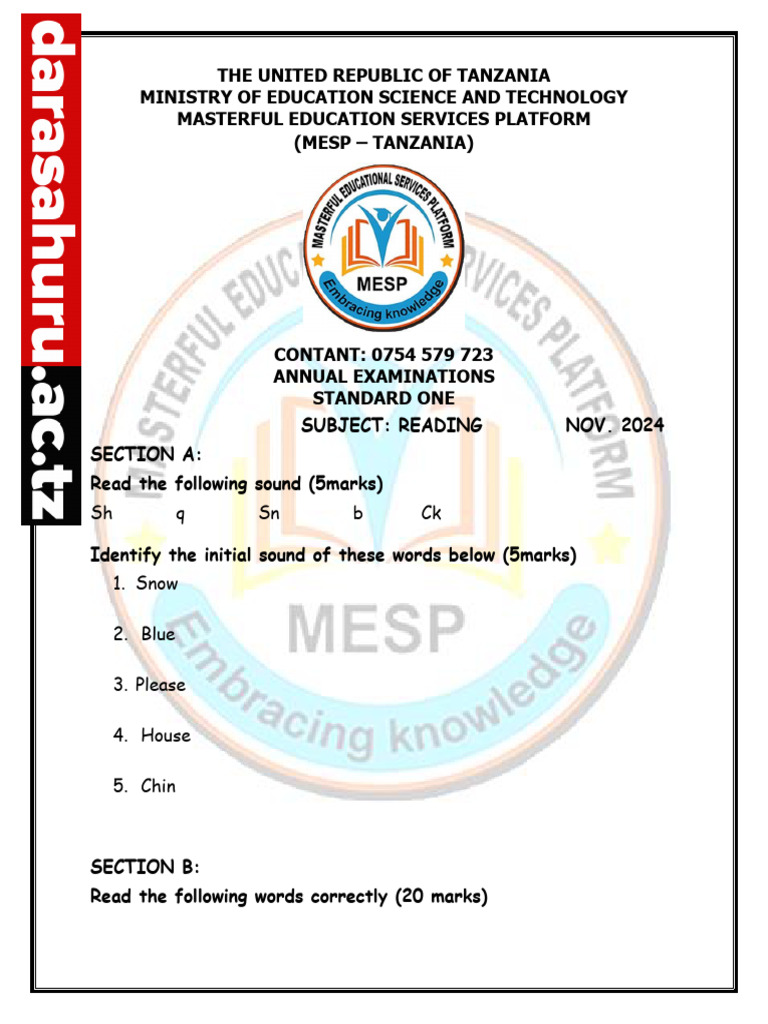 STD I, NOV ANNUAL EXAMS- MESP TANZANIA-21-23 | PDF