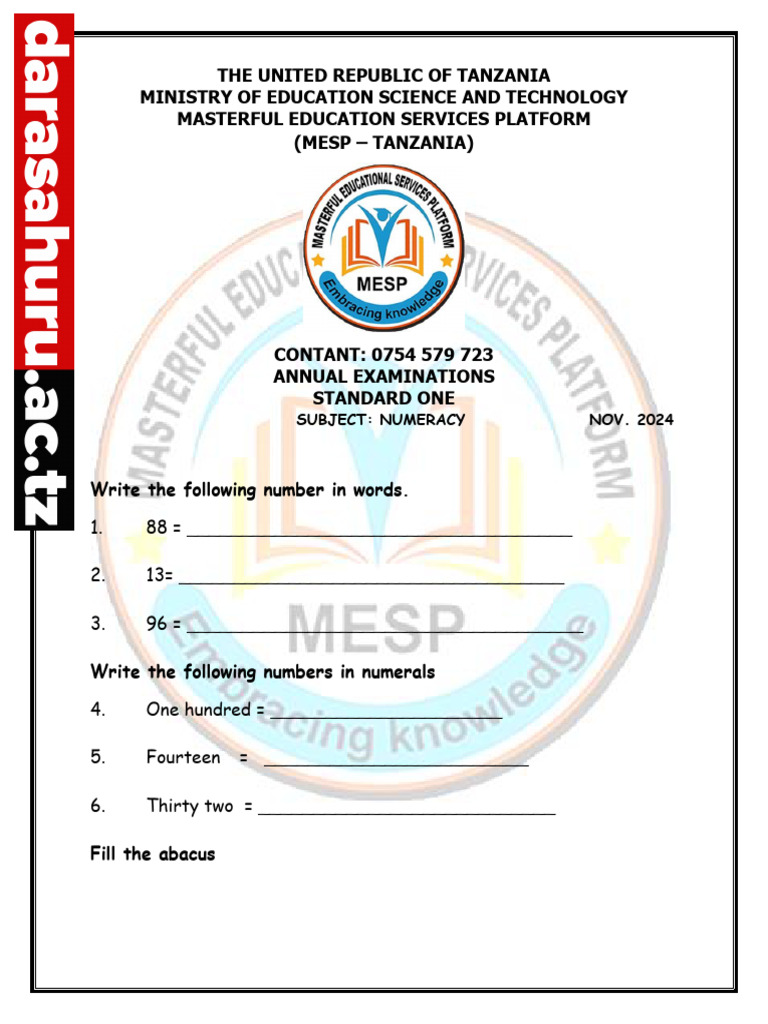 Standard One Numeracy Exam 2024 | PDF