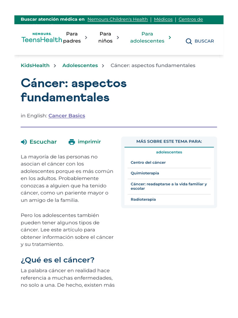 Cáncer en Adolescentes: Guía Esencial | PDF | Cáncer | Terapia de radiación
