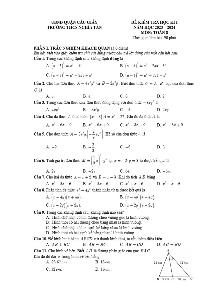 2023-2024 - de Thi HK1 Toan 8 Chinh Thuc | PDF