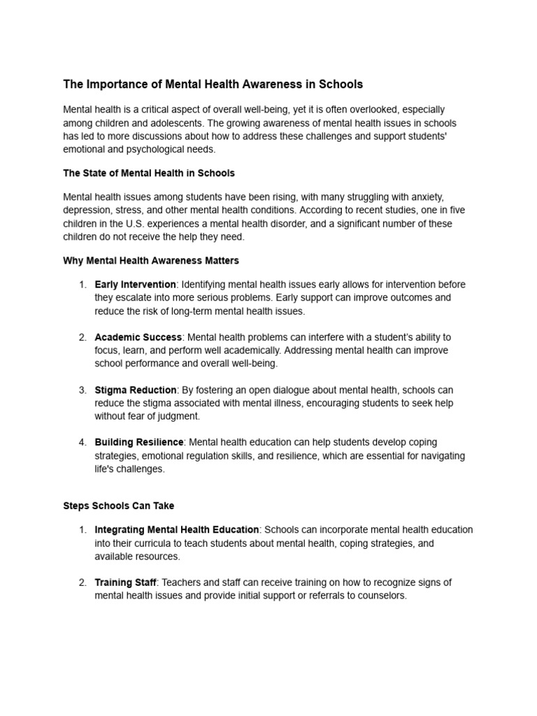 The Importance of Mental Health Awareness in Schools | PDF | Mental ...