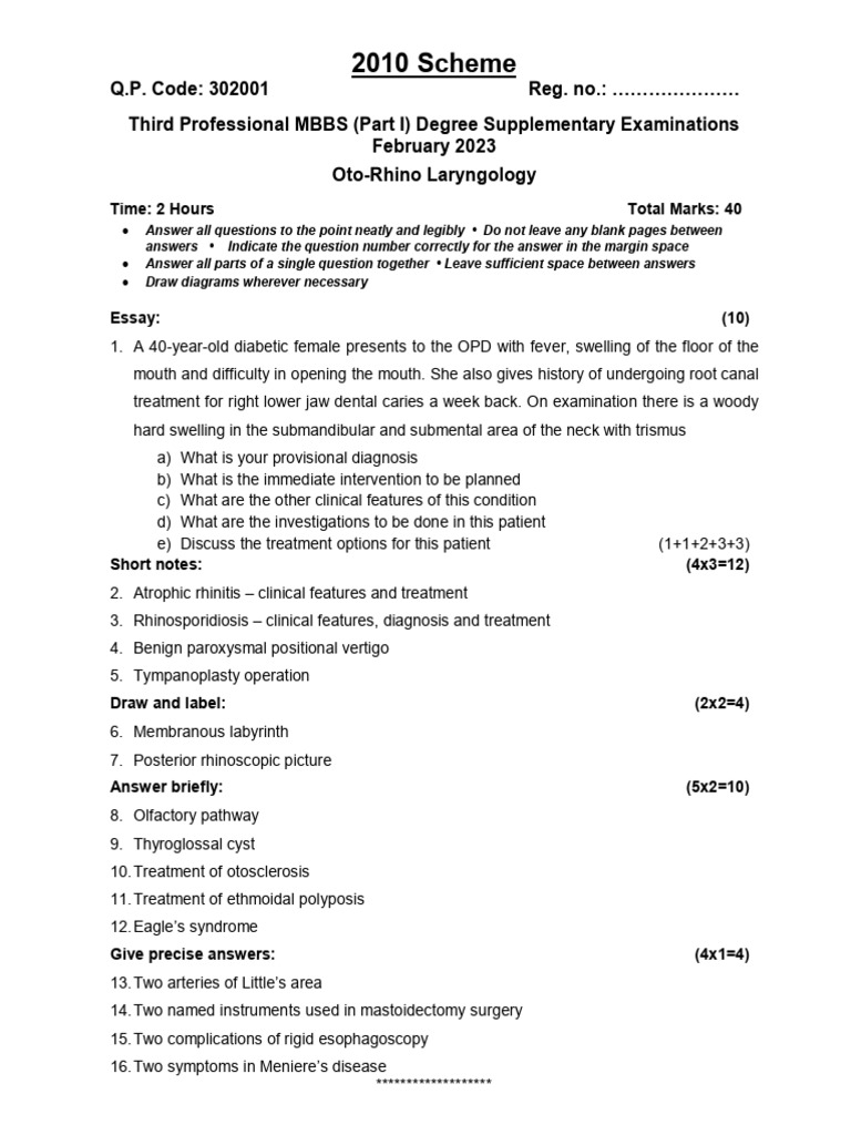 Ent Kuhs Question Paper | PDF | Medical Specialties | Clinical Medicine