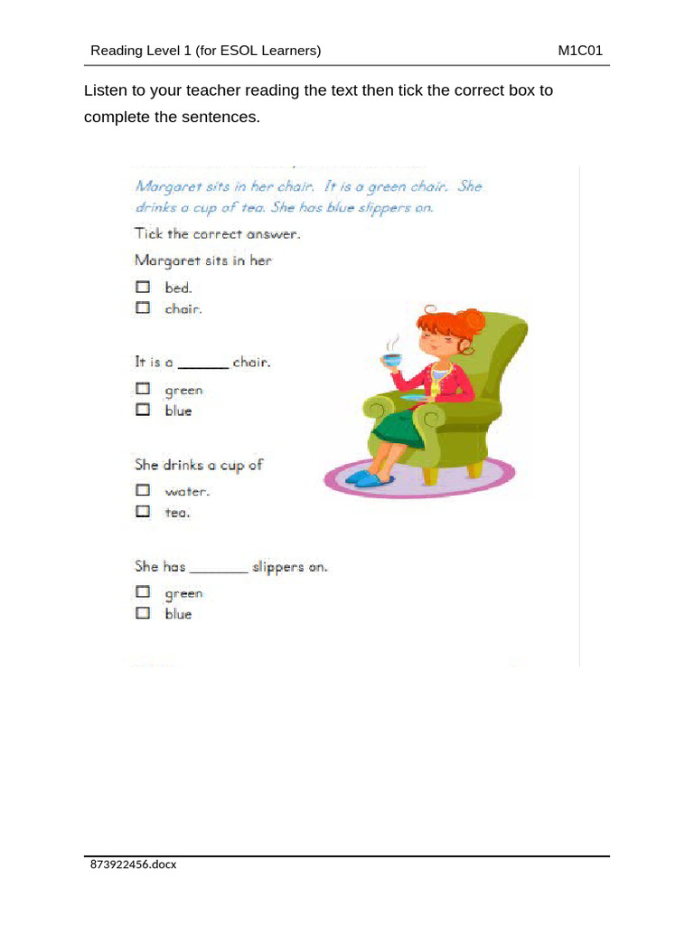 ESOL Level 1 Reading Comprehension Exercise | PDF