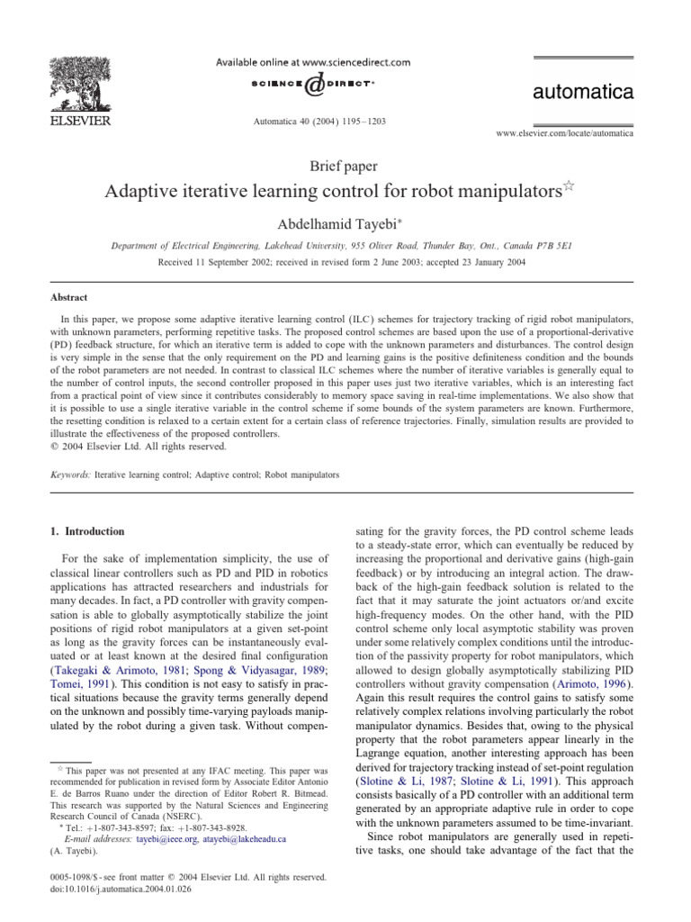 Adaptive Iterative Learning Control For Robot Manipulators by Tayebi | PDF | Force | Control Theory