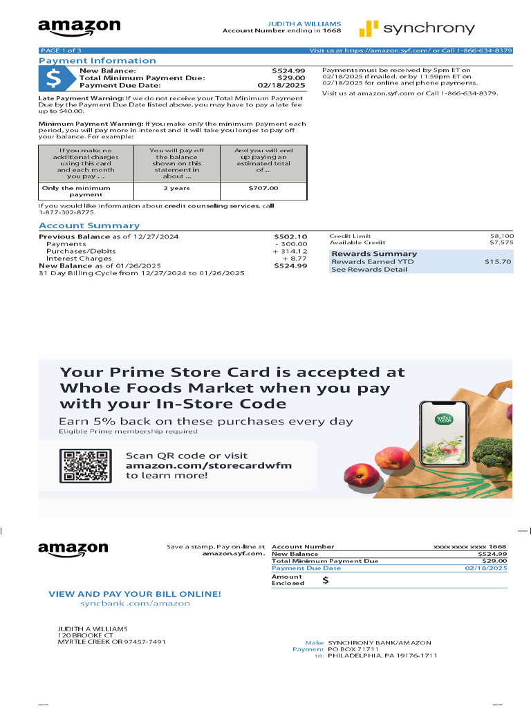 Amazon Store Card Billing Statement | PDF | Credit Card | Payments