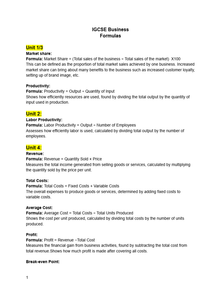 IGCSE Business 0450 Formula Booklet | PDF | Gross Margin | Net Income