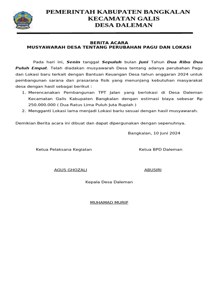 Musyawarah Desa Daleman: Perubahan Pagu 2024 | PDF