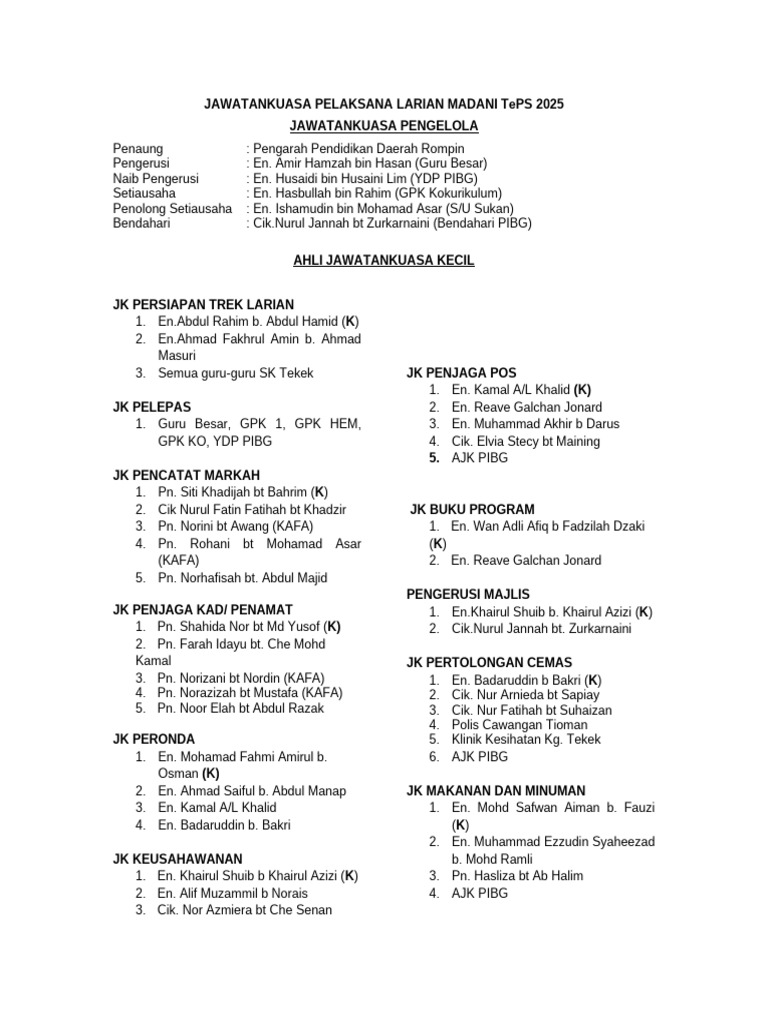 Jawatankuasa, Peta Dan Senarai Tugas Larian Madani 2025 | PDF
