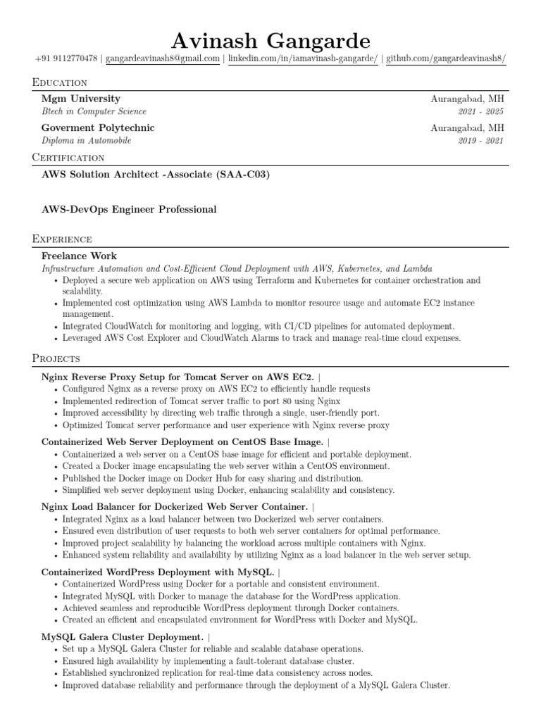 Avinash Gangarde Resume 1 | PDF | Computer Cluster | Cloud Computing