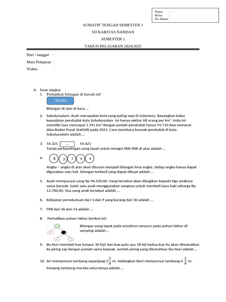 Soal Ujian Tengah Semester SD Karitas Nandan | PDF