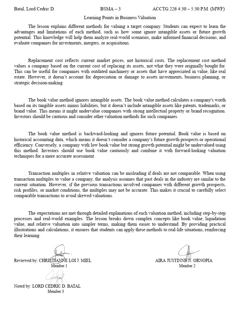 BATAL-LEARNING POINTS IN BUSINESS VALUATION Chap 2 | PDF | Valuation (Finance) | Book Value