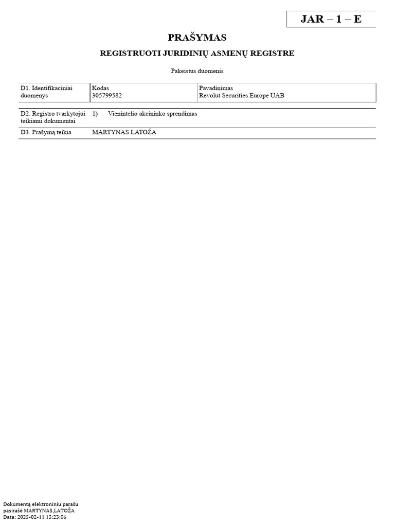 Prasymas Registruoti Juridiniu Asmenu Registre JAR-1-E | PDF