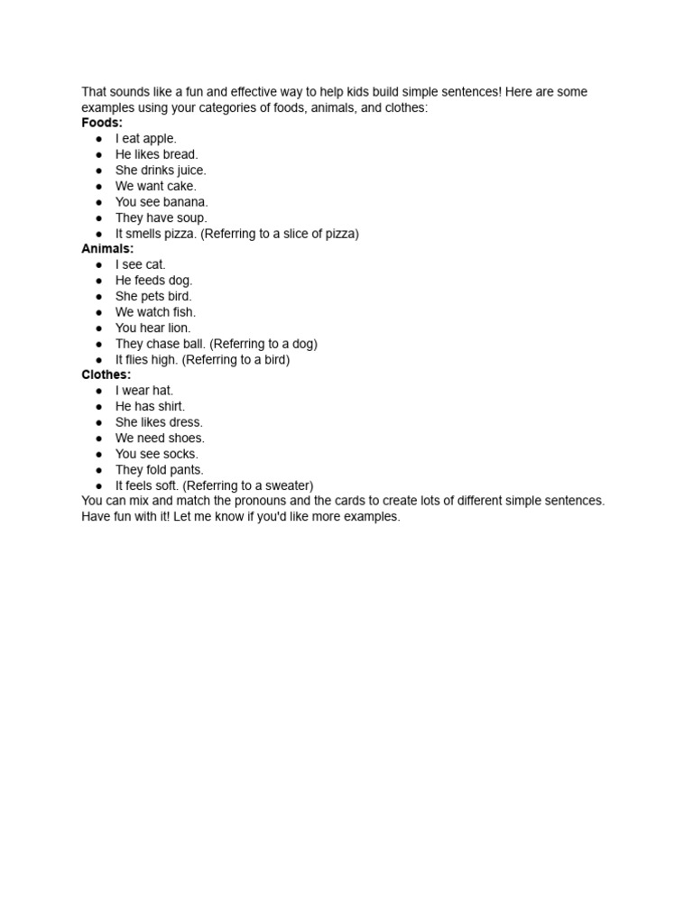 Making Simple Sentences (Pronoun + Verb + Noun) Fo... | PDF