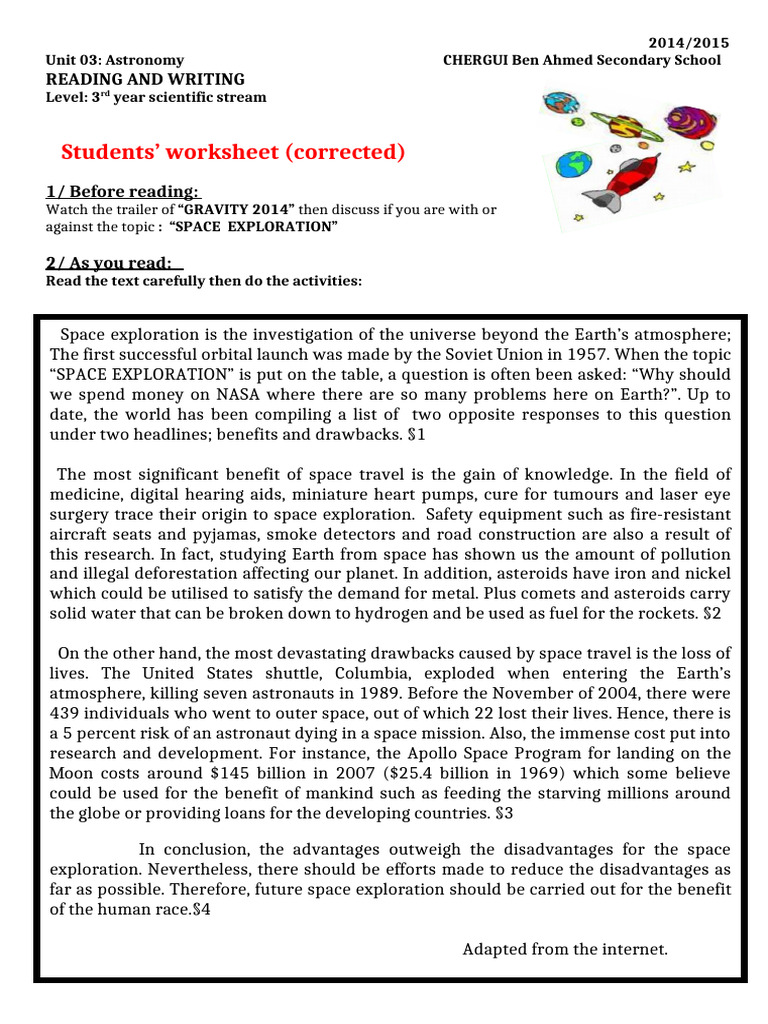STUDENTS Worksheet SPACE EXPLORATION - Corrected | PDF | Space ...
