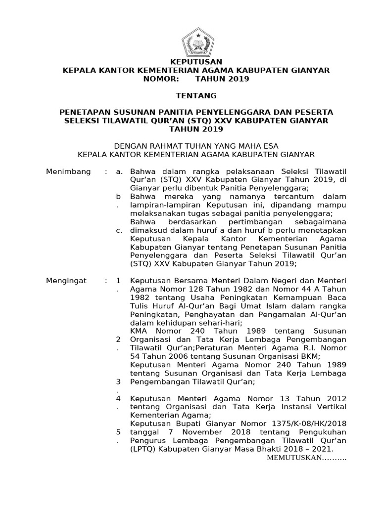 SK Panitia Dan Peserta STQ 2019 | PDF