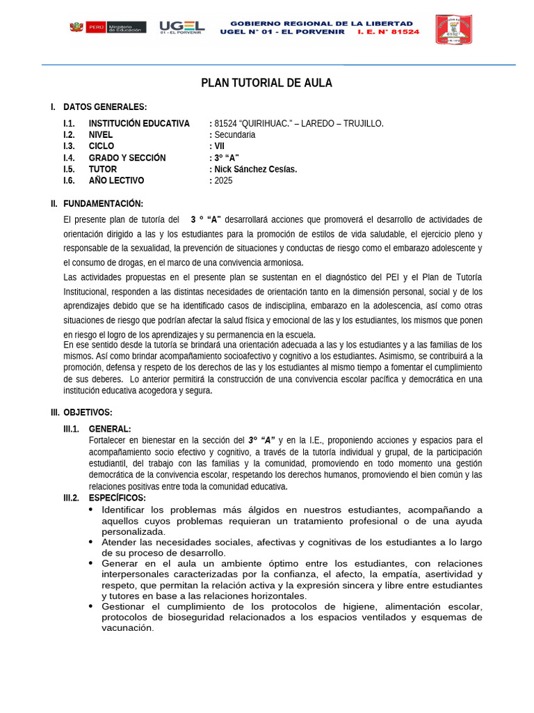 Propuesta PLAN TUTORIAL DE AULA 2024 | PDF | Las emociones | Escuelas