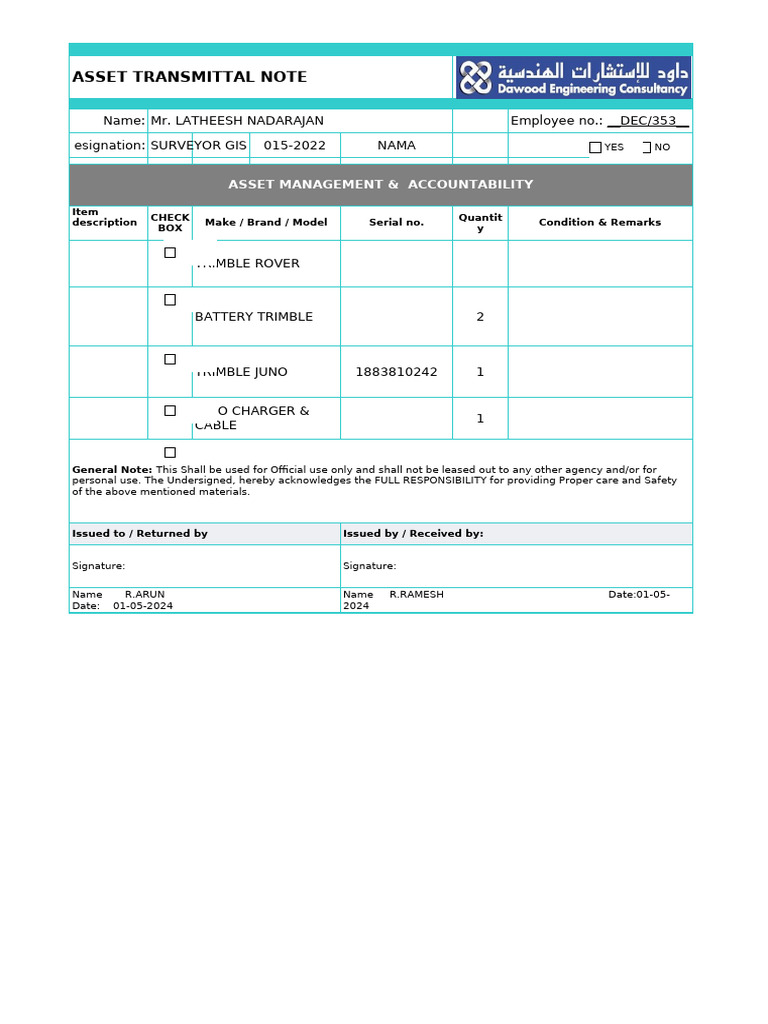Asset Transmittal Note for Equipment | PDF