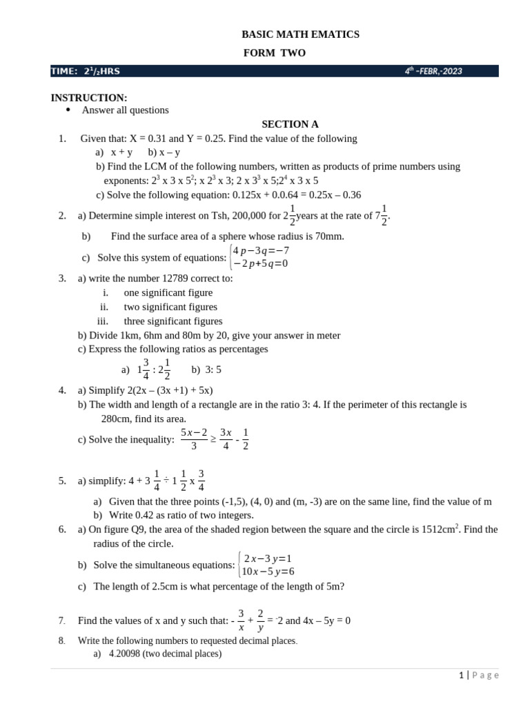 Mathematics Form Ii - 2023 | PDF | Significant Figures | Area