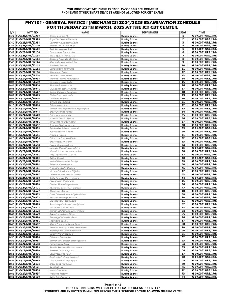 Phy101 Exam Schedule 27th-March-25 | PDF | Physiology | Biology