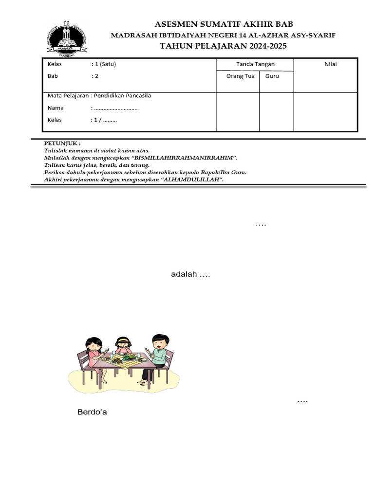 SOAL ASESMEN BAB 2 PKN Kelas 1 2024 | PDF