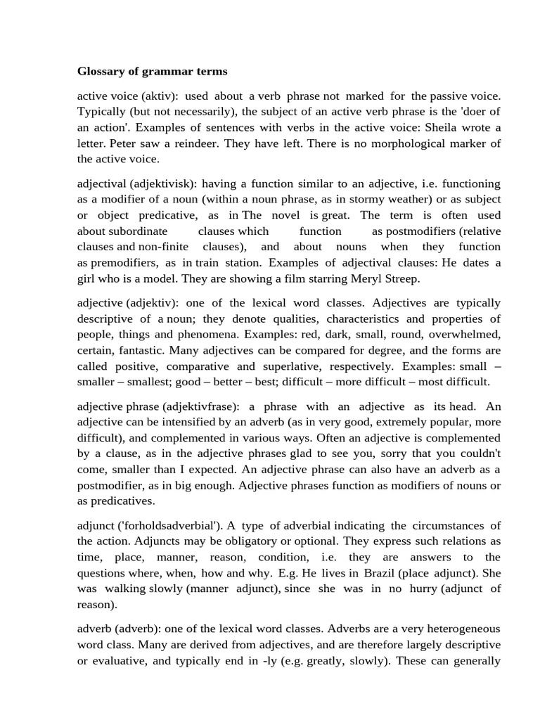 Glossary of Grammar Terms | PDF | Adverb | Adjective