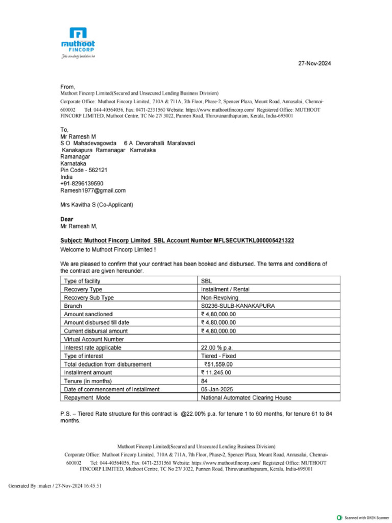 Muthoot Fincorp Sanction Letter | PDF