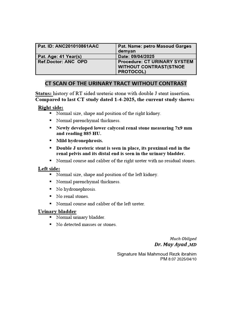 CT Scan of The Urinary Tract Without Contrast | PDF