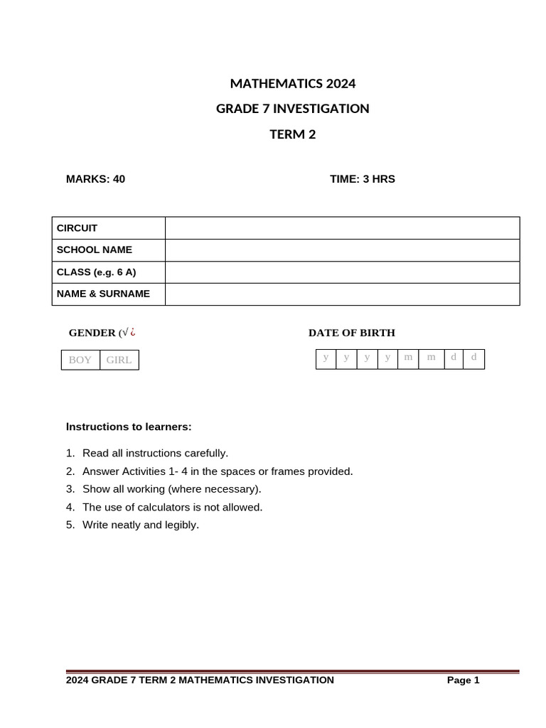 Grade 7 Term 2 Math Investigation | PDF | Numbers | Mathematics