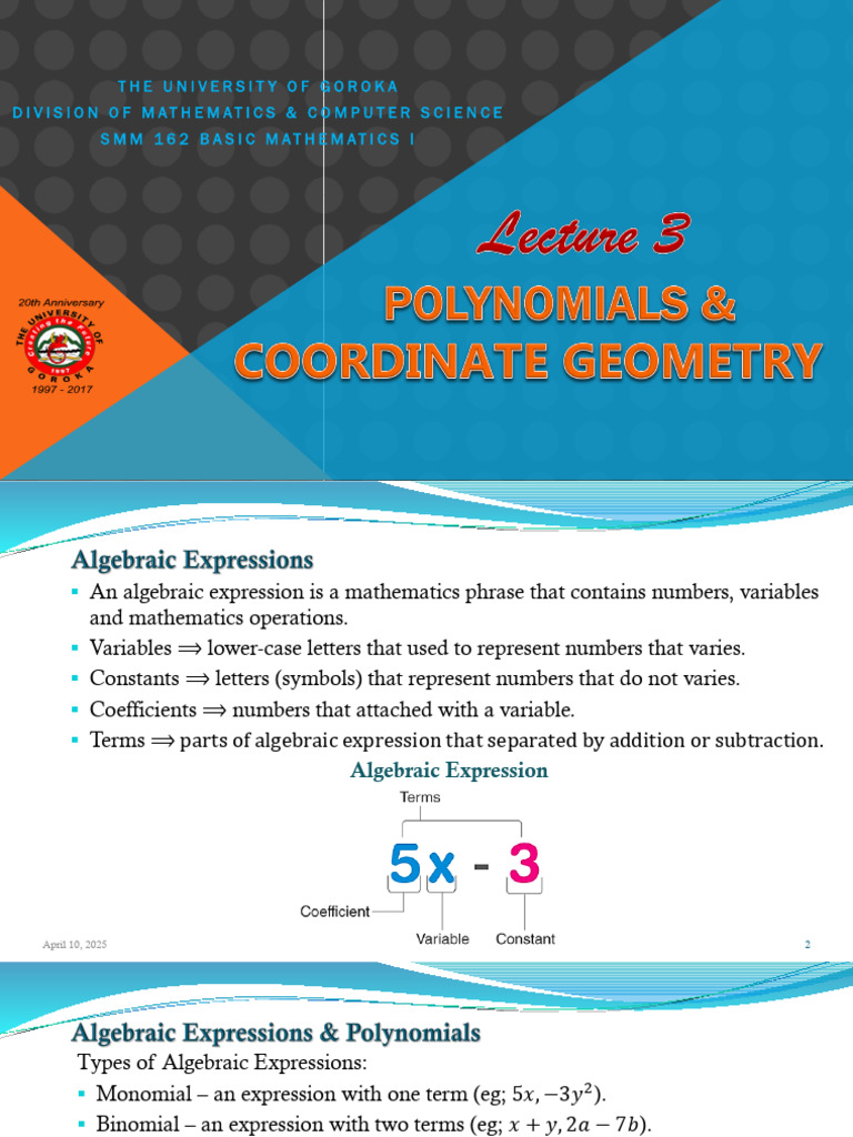 SMM 162 Lecture 3 - Polynomials & Coordinate Geometry | PDF | Factorization | Polynomial