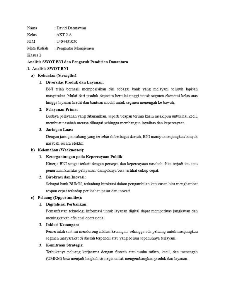 UTS - Pengantar Manajemen - David Darmawan AKT 2 A - 2404431020 | PDF