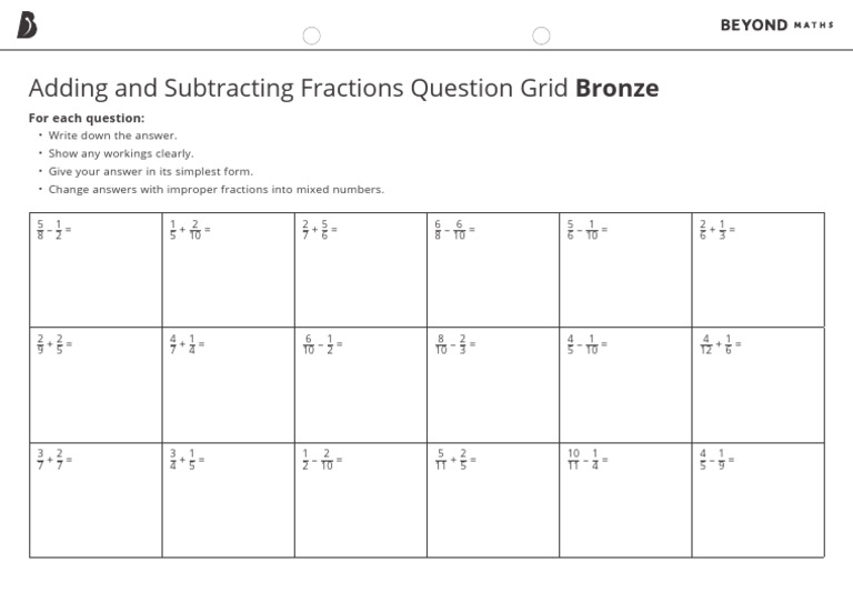 Adding and Subtracting Fractions Grid | PDF